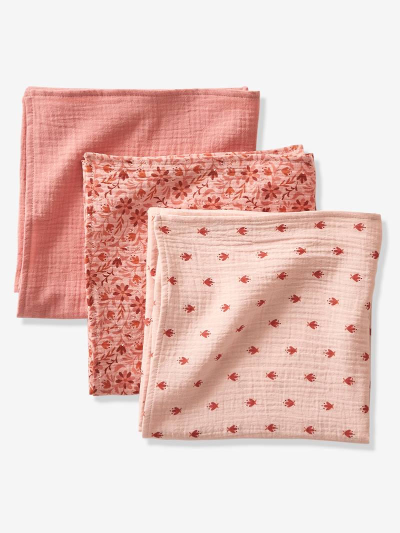 Pack of 3 Muslin Squares in Cotton Gauze, by BÉBÉ BOHÈME - pink, Nursery