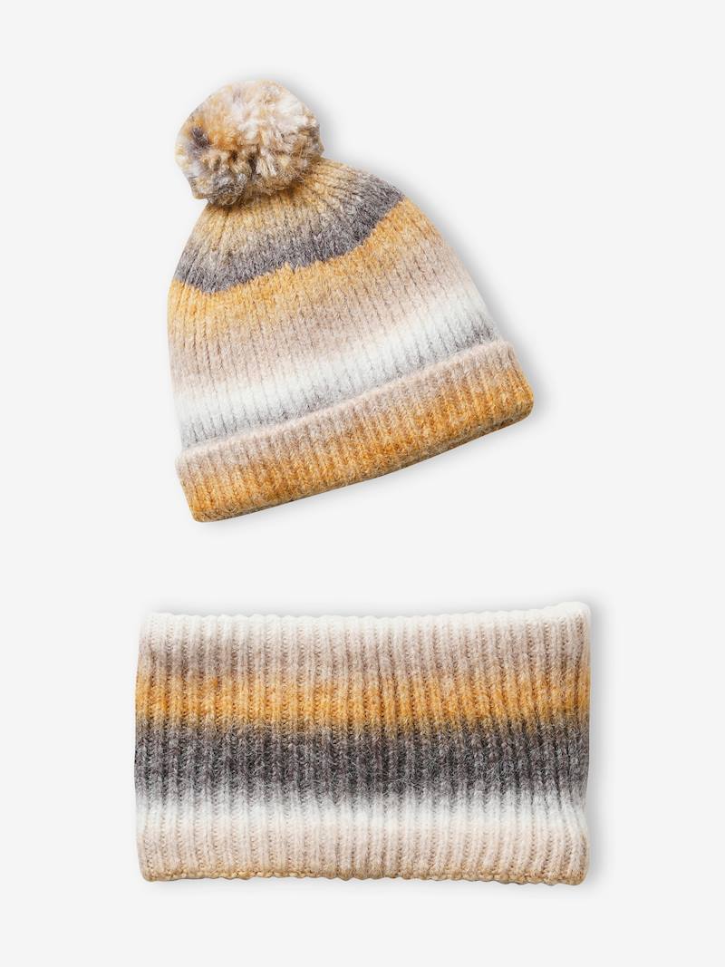Beanie & Snood Set in Jacquard, for Girls - beige light all over ...