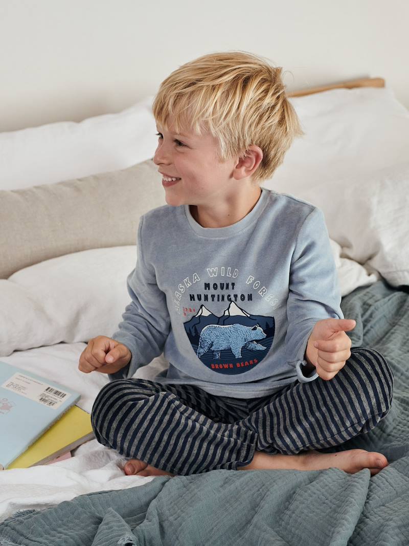 Pack of 2 "Nature" Pyjamas in Velour for Boys - blue dark solid with ...