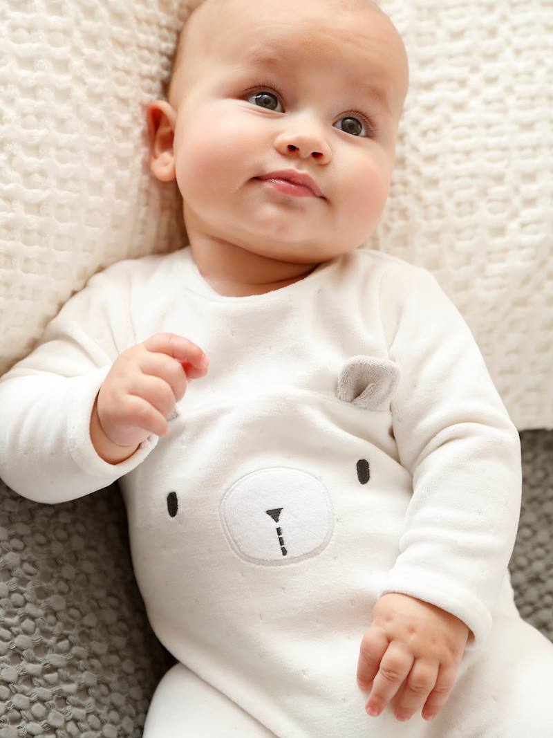Bear Sleepsuit in Velour, for Babies - ecru, Baby