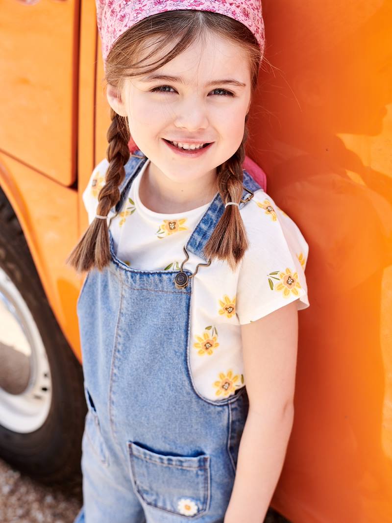 Denim Dungarees with Embroidered Flower Detail for Girls - stone, Girls