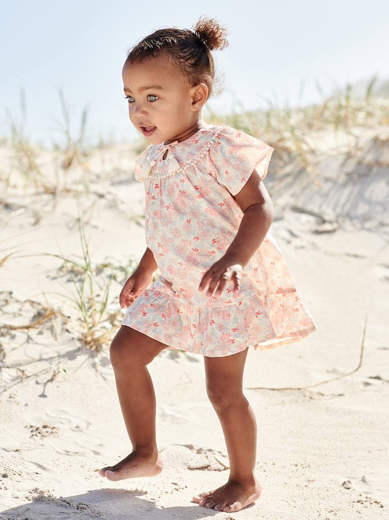 Floral Short Sleeve Dress for Babies - ecru, Baby