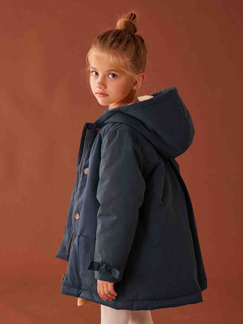 Hooded Parka in Chic Peachskin Effect Fabric for Girls - navy blue, Girls