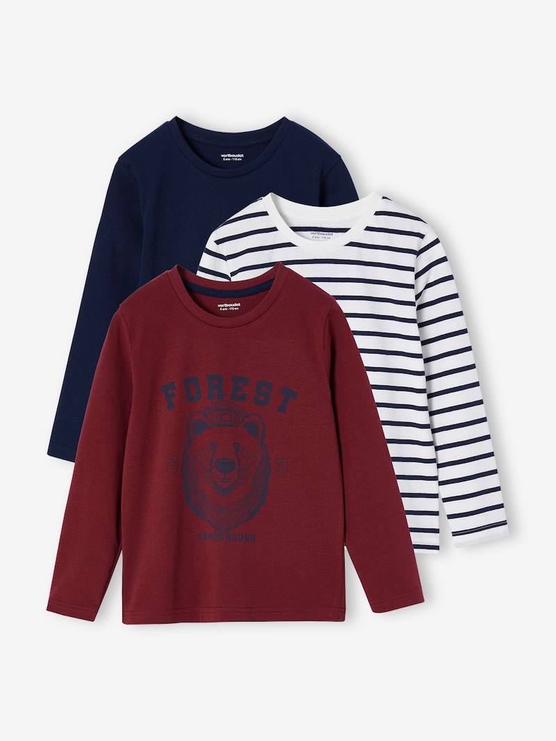 Pack of 3 Assorted Long Sleeve Tops for Boys - bordeaux red, Boys