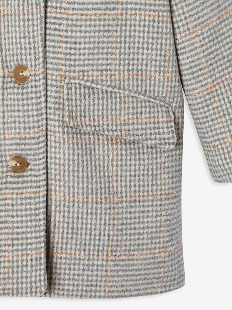Chequered Coat in Woollen Cloth for Girls - chequered grey, Girls