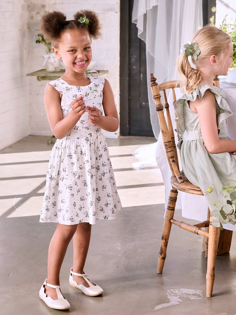 Floral Print Occasion Wear Dress for Girls - white, Girls