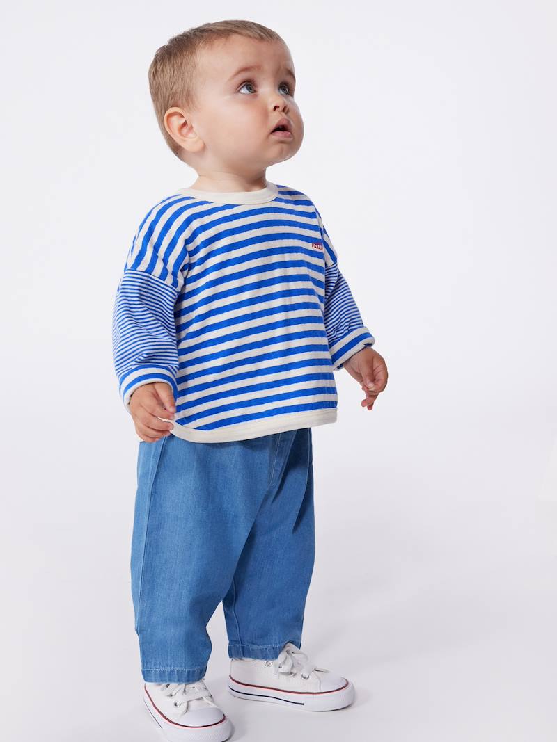 Striped Long-Sleeved Cotton T-Shirt for Babies, PETIT BATEAU - blue, Baby