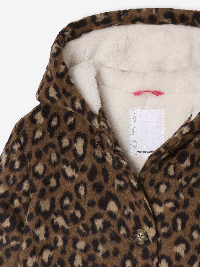 Leopard Print Wool Blend Hooded Coat for Girls - brown, Girls