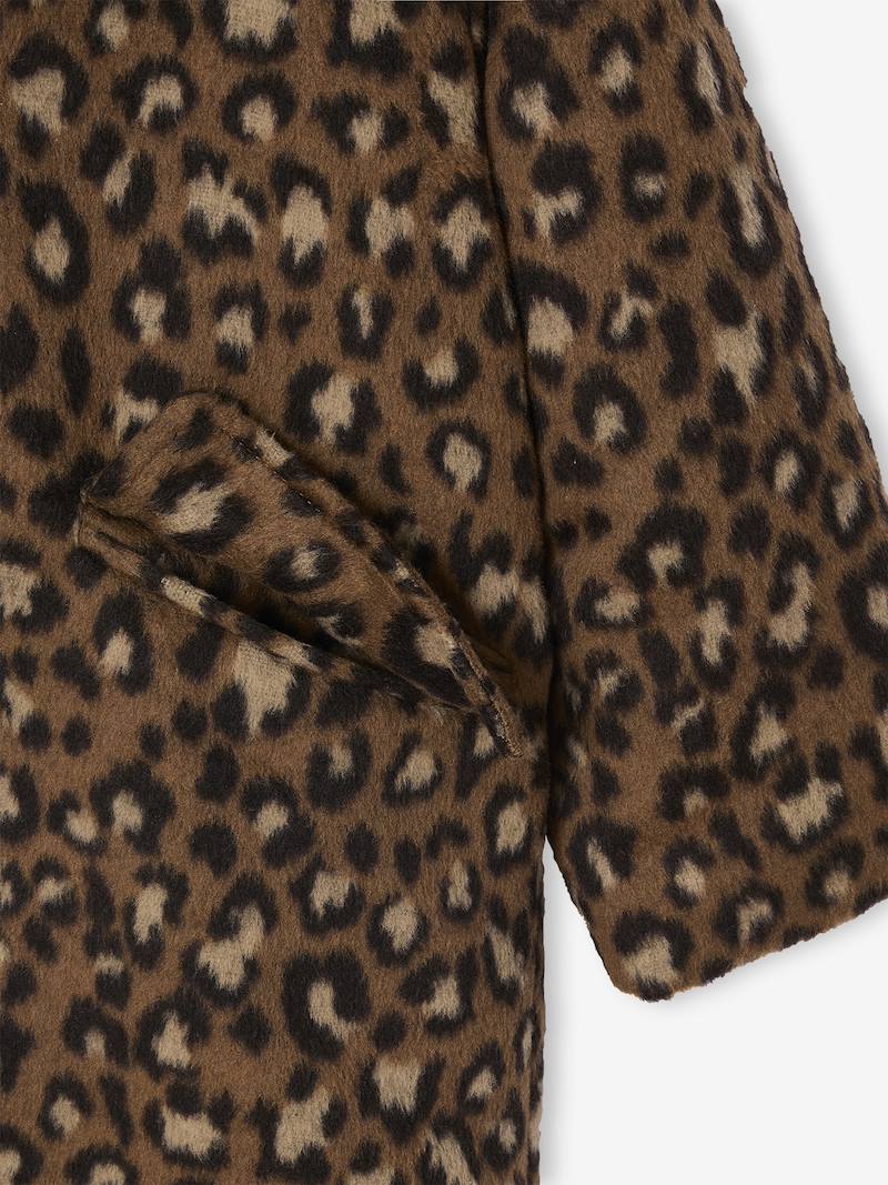 Leopard Print Wool Blend Hooded Coat for Girls - brown, Girls