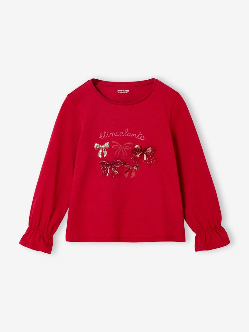 Girl's Christmas t-shirt with bow and glitter detail, long sleeves ...